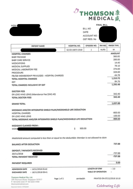 Actual Hospital Bill for Pregnancy Delivery in Singapore