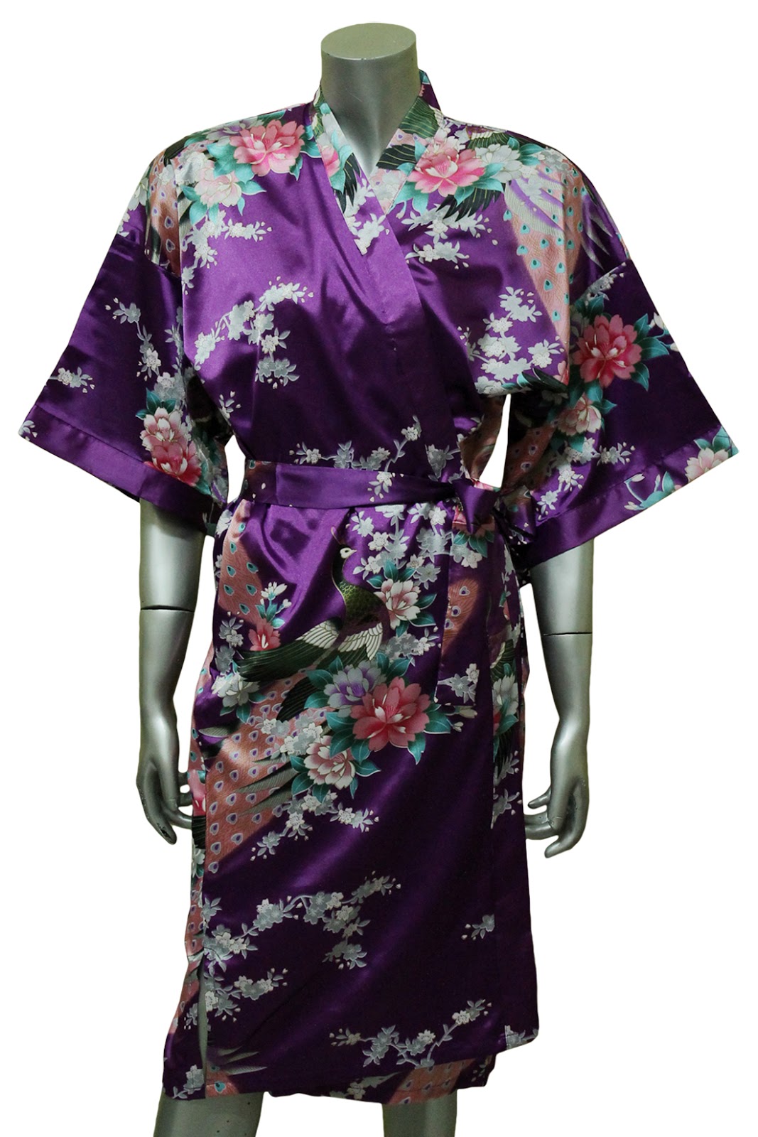 Peacock Silk Satin Kimono Robe - Purple - Kimono robes