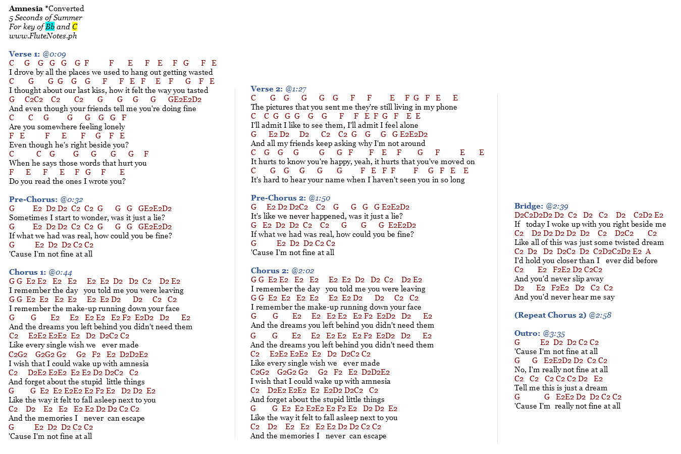 Amnesia - 5 Seconds of Summer Lyrics and Notes for Lyre, Violin ...