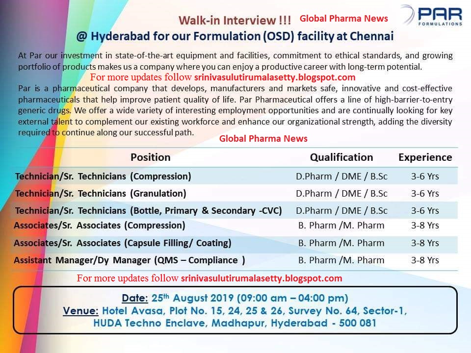 Global Pharma News: PAR FORMULATIONS WALK IN INTERVIEW ON 25/08/2019 ...
