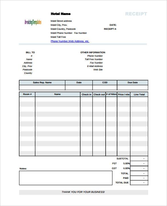 Hotel Room Bill Format In Word - Invoice Template