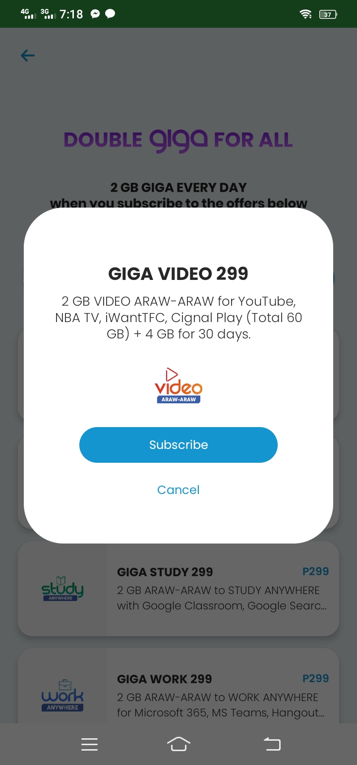 DOUBLE GIGA VIDEO 299 (TNT) - 30 Days 4GB Data + 2GB per day for ...