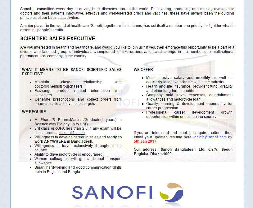 Sanofi Bangladesh Limited - Scientific Sales Executive Jobs Circular 2017