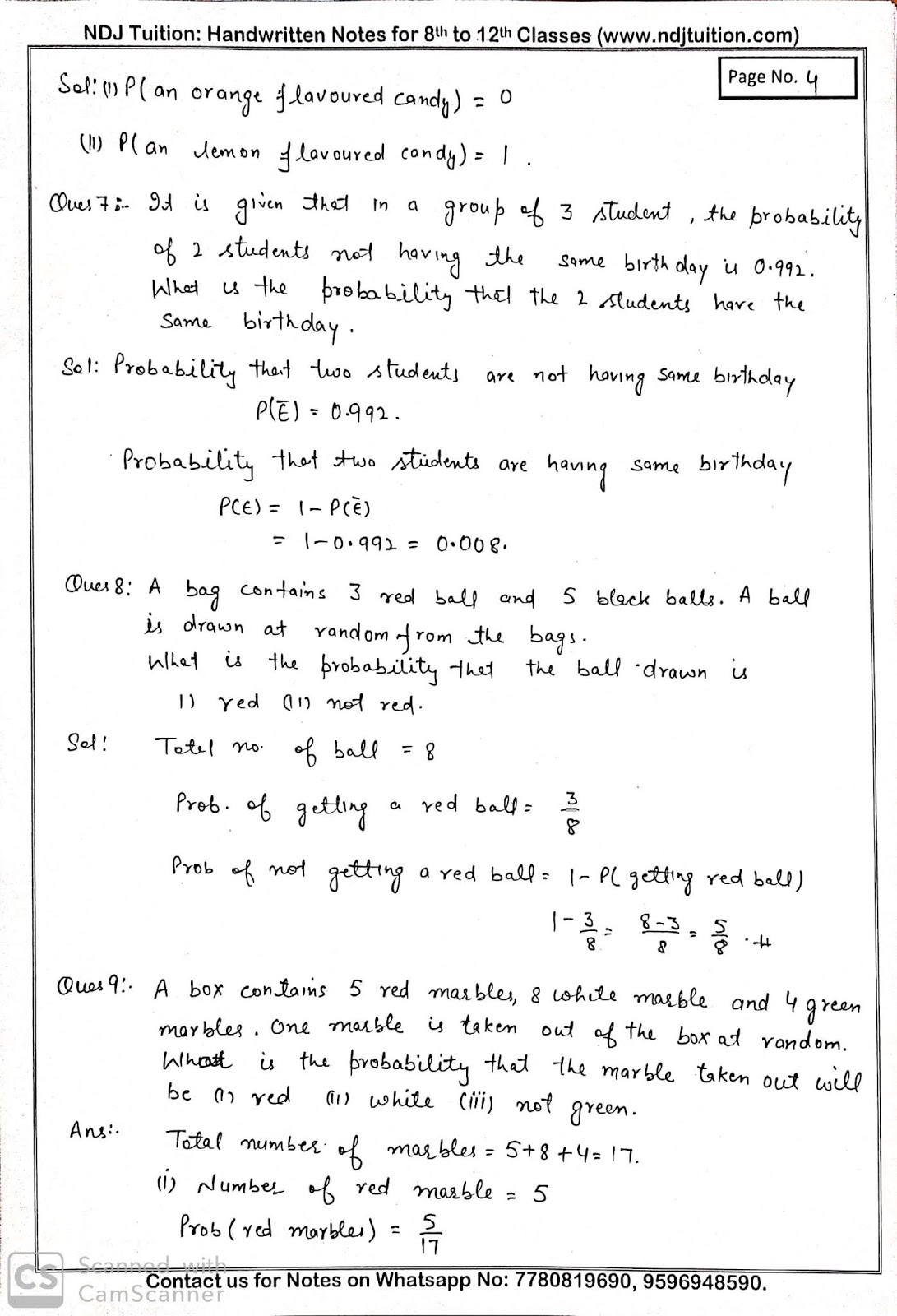 Probability Handwritten Notes for Class 10th Maths