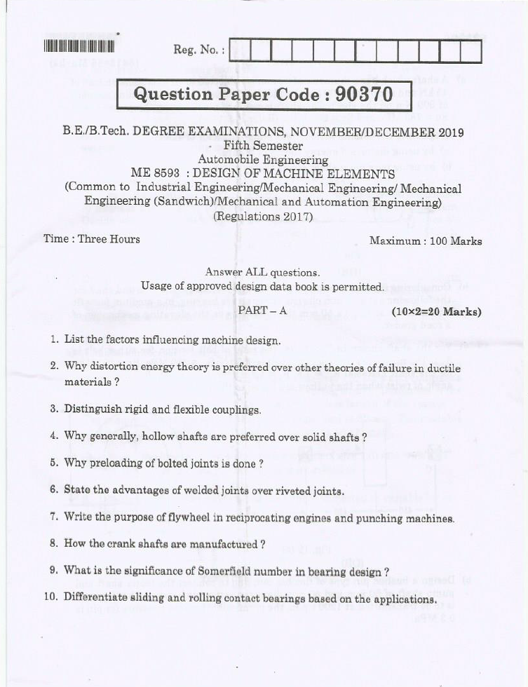 Anna University ME 8593 : DESIGN OF MACHINE ELEMENTS NOVEMBER/DECEMBER ...