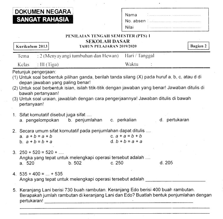 Soal Penilaian Tengah Semester (PTS) Tema 2 Bagian 2 Kelas 3 SD/MI - Doeloer Pendidikan
