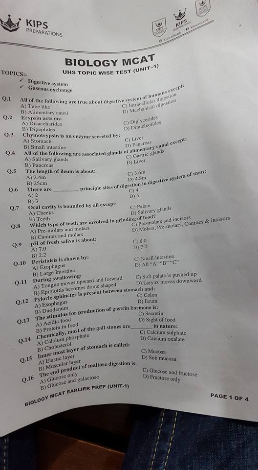 All Exam Soloutions And Notes: Biology Kips unit wise test Of Mcat 2016