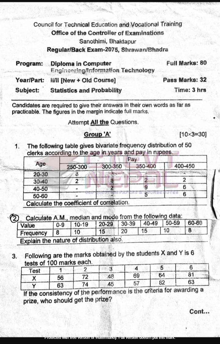 Statistics and Probability - Fourth Semester Questions Papers CTEVT ...