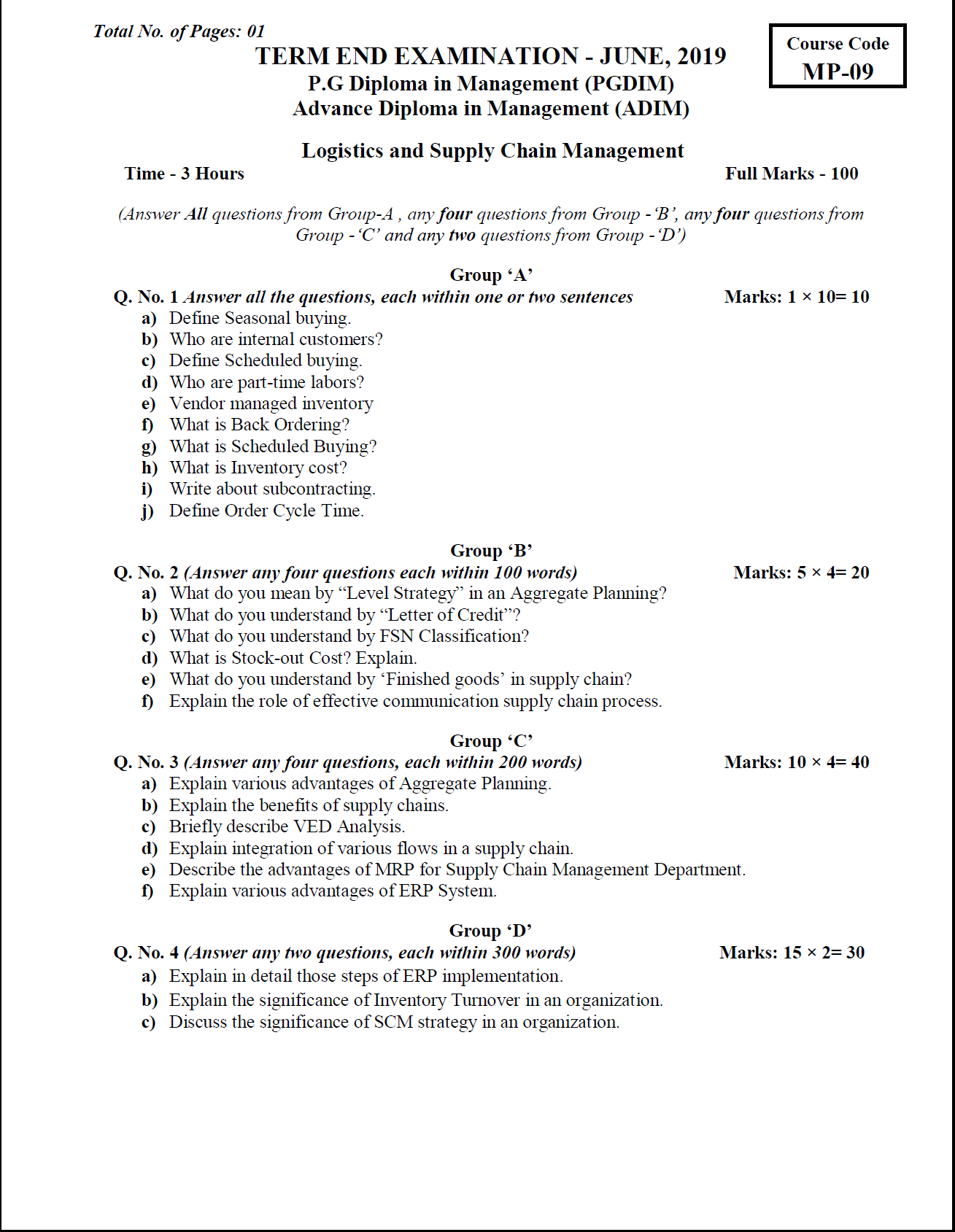 OSPU MP Logistics and Supply Chain Management June 2019 Question Paper ...