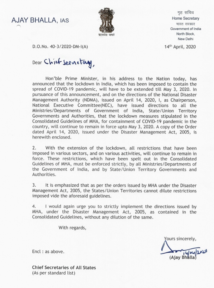 OSS TODAYS: Home Secretary, GOI writes all states to implement lockdown
