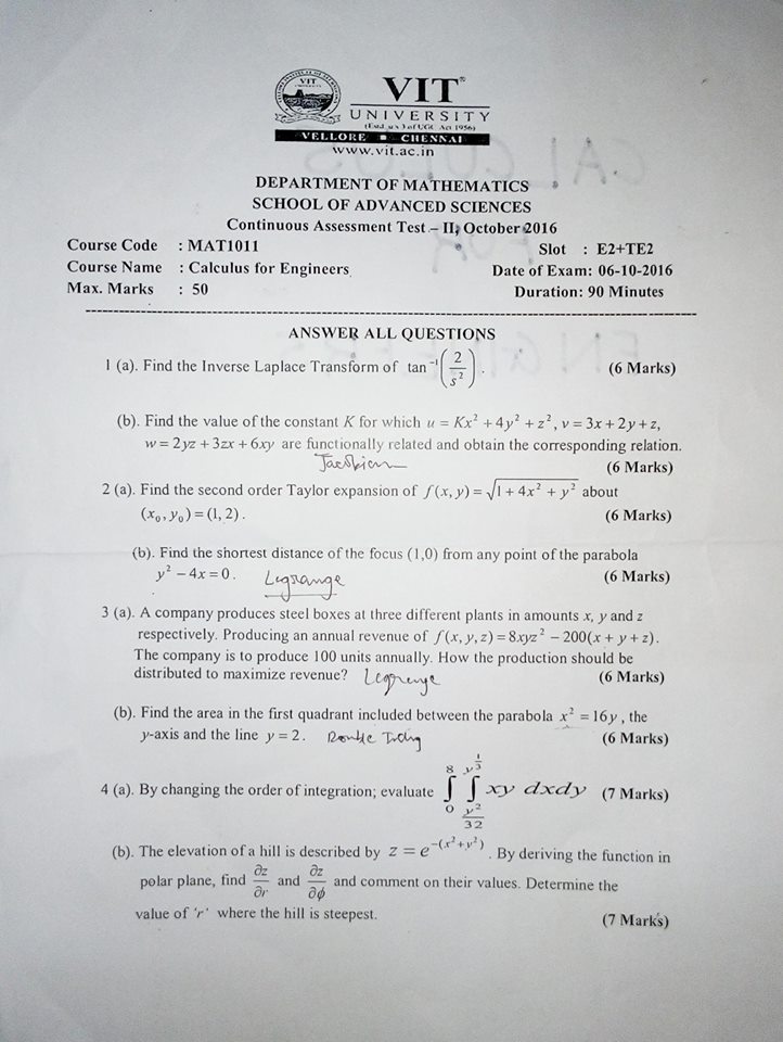 Vit Question Paper Maths Cat 2 October 2016 vit-question-paper-maths-cat-2-october-2016