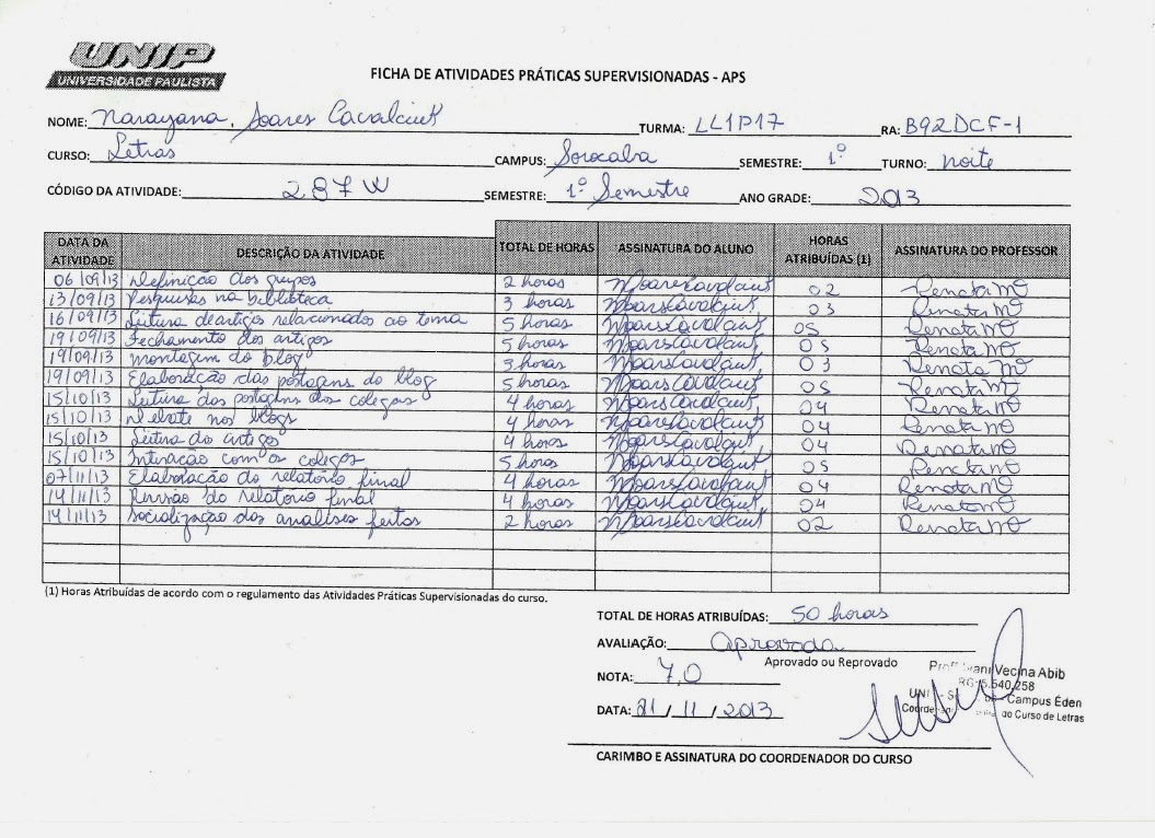 Info Letras: Ficha de Atividades Práticas Supervisionadas - APS