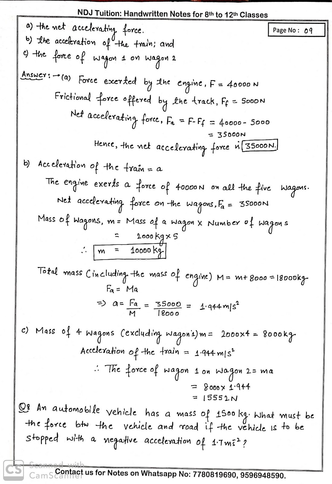 Force And Laws Of Motion Handwritten Notes for 9th Class