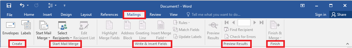 MS Word 2016 Mailings Tab