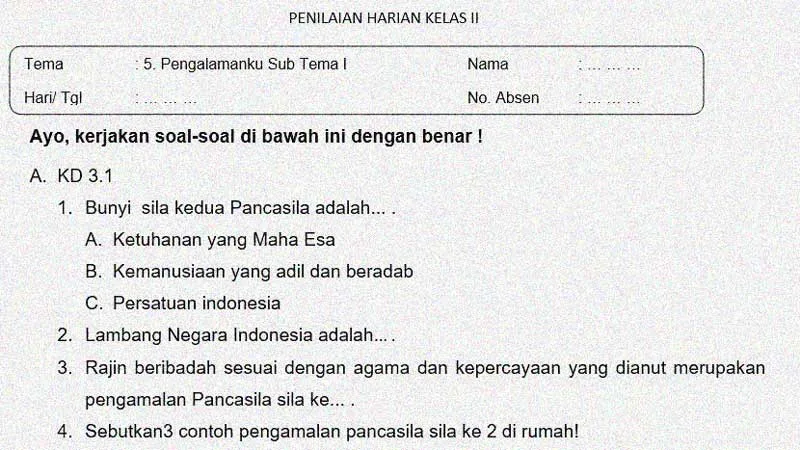 Soal Penilaian Harian Kelas 2 Tema 5 Subtema 1 dan Kunci Jawaban - SekolahDasar.Net