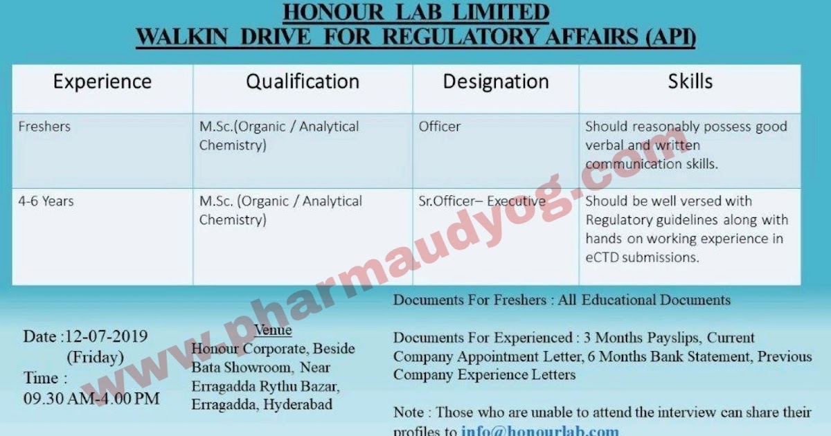 Honour Labs | Walk-in interview for Regulatory Affairs | 12 July 2019 ...