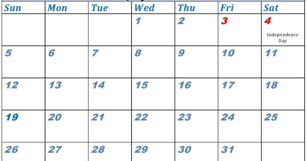 July 2020 Calendar With Holidays - Editable