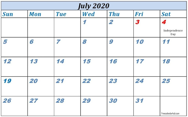 July 2020 Calendar With Holidays - Editable