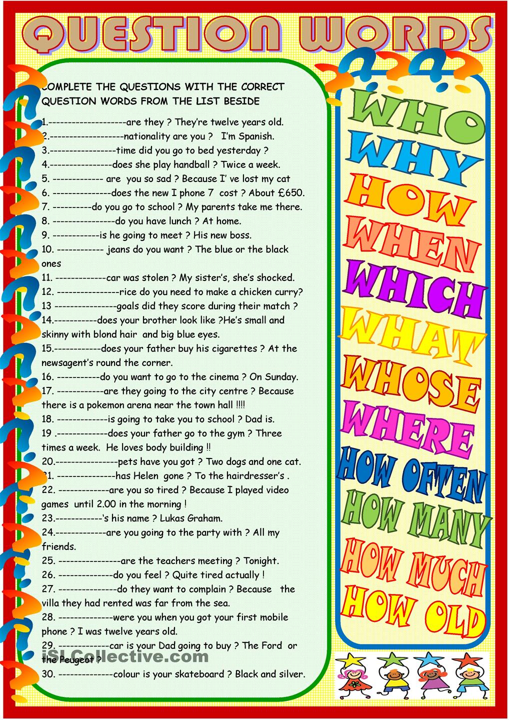 ENGLISH 6TH. GRADE: GRAMMAR EXERCISES TO PRACTICE - WH QUESTION WORDS