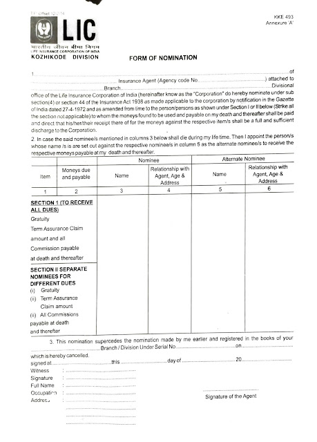 LIC Agent - Nomination Registration Form - Annexure A - To Receive Gratuity - Group Insurance ...