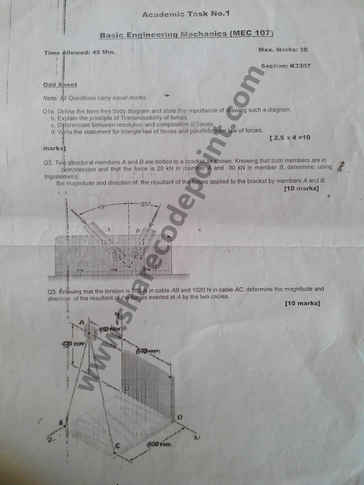 MEC107 : Basic Engineering Mechanics Class Test - MEC107