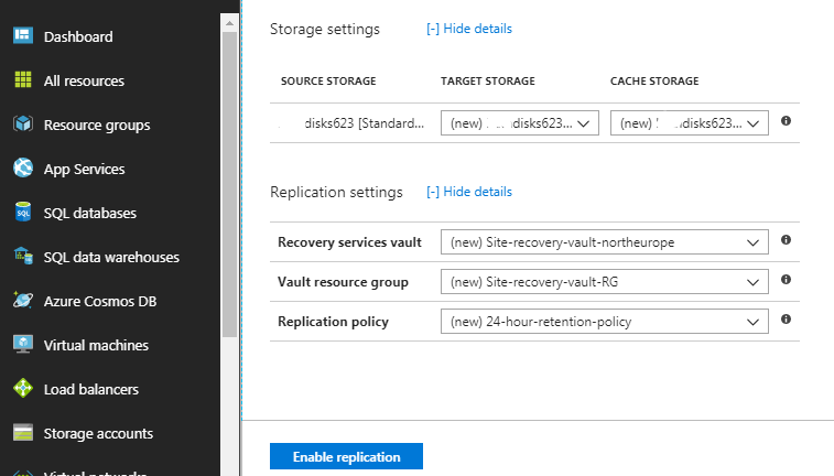 Using Azure Site Recovery to replicate a VM