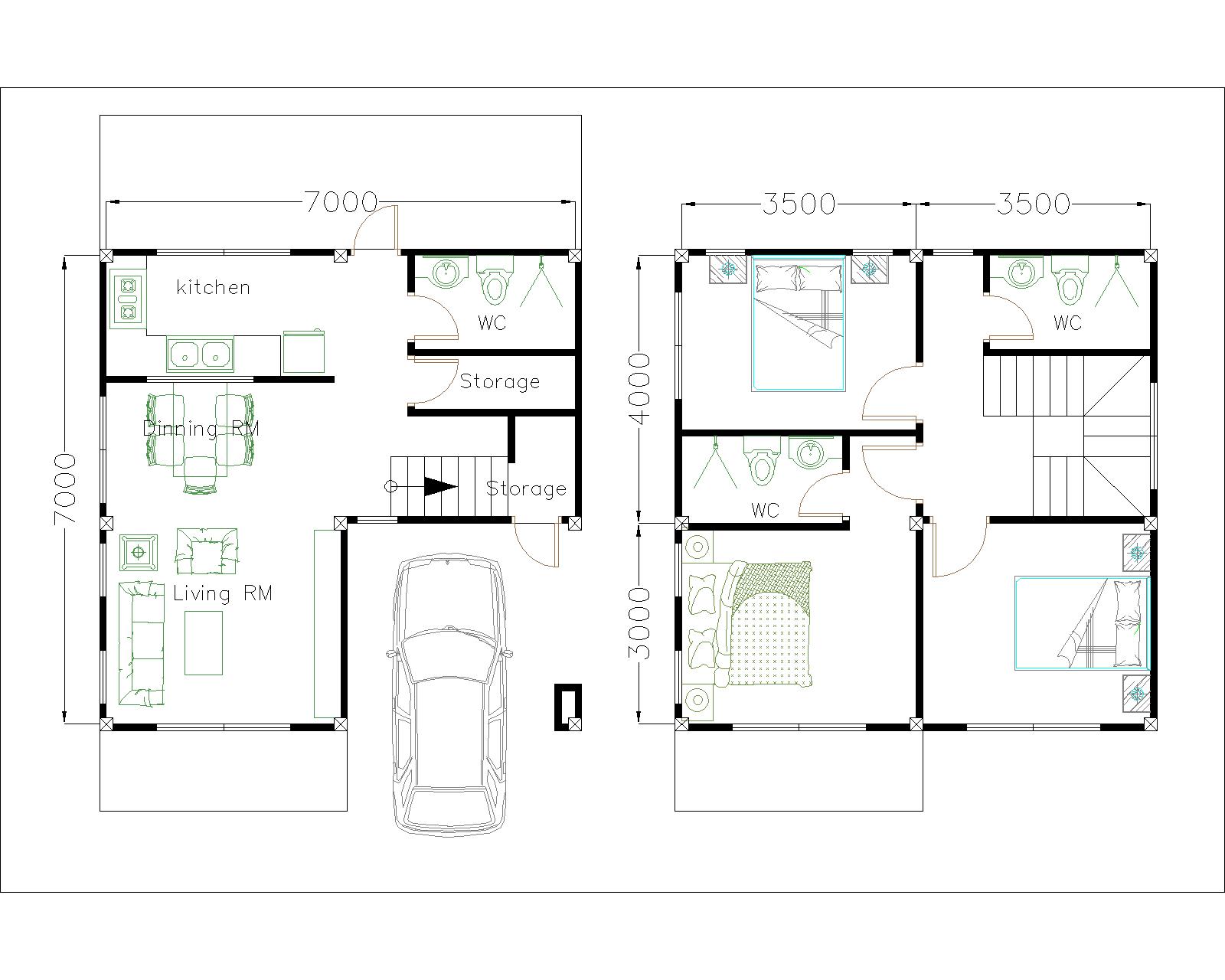 House design Plan 7x7m with 3 Bedrooms - House Plan Map