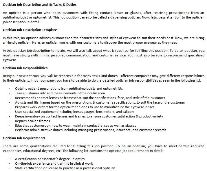Job Description For Optician ~ Resume Letter