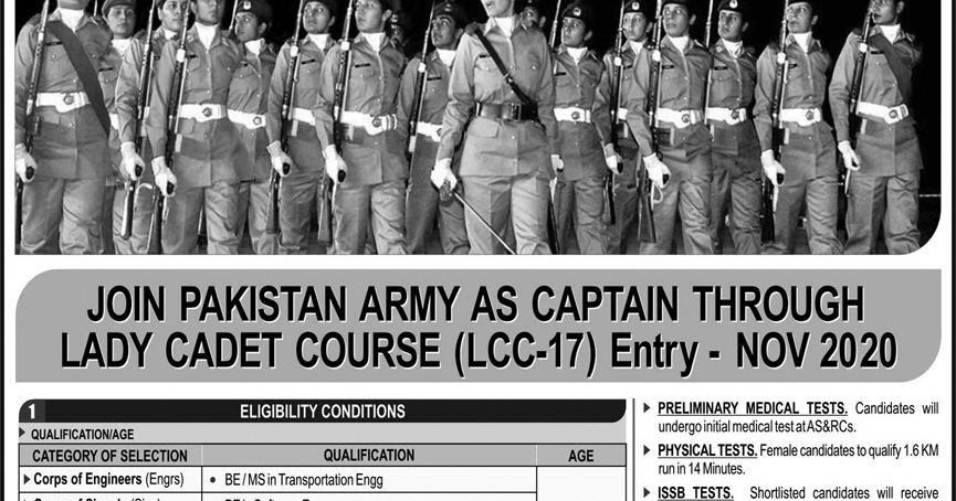 Join Pakistan Army as Captain Through Lady Cadet Course LCC-17 Entry 2020