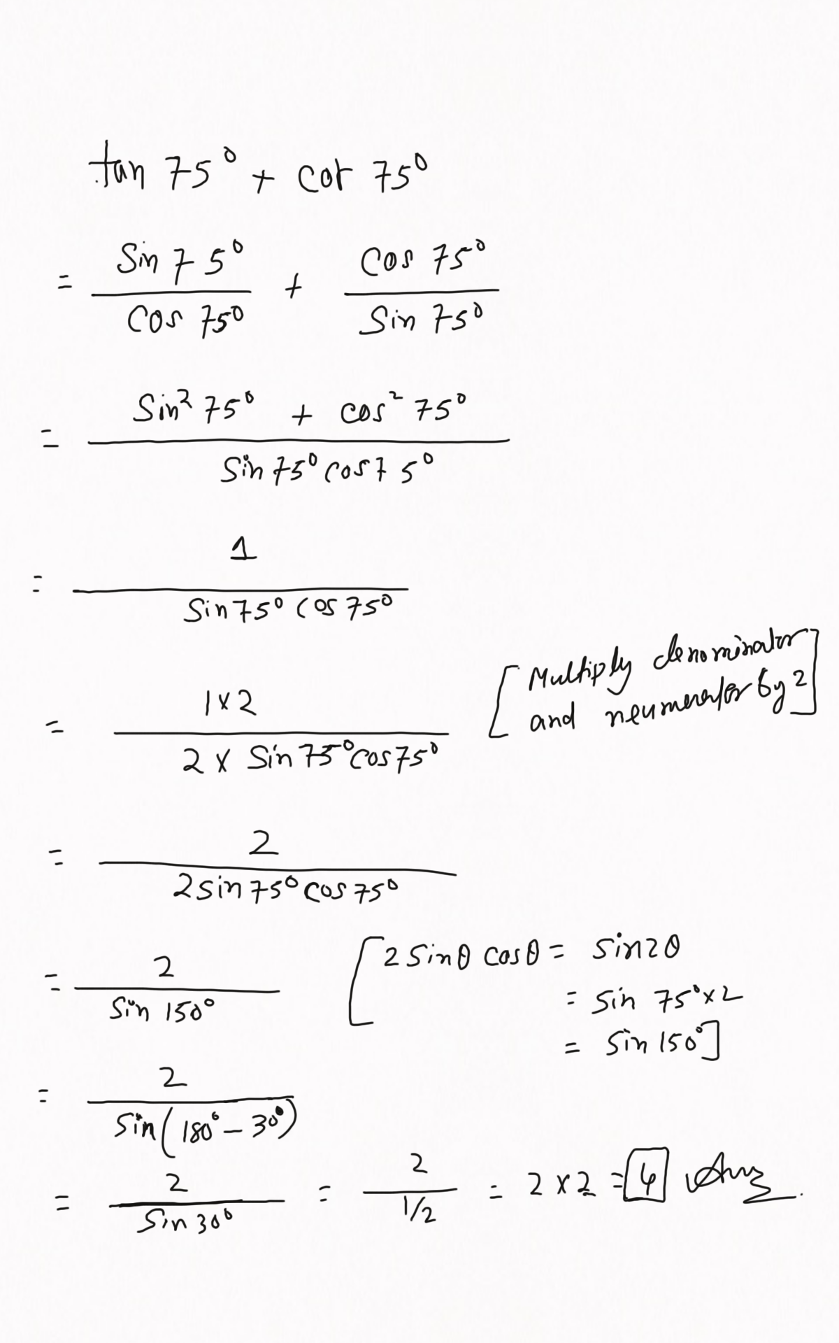 Update ANS: What is the value of tan75+cot75