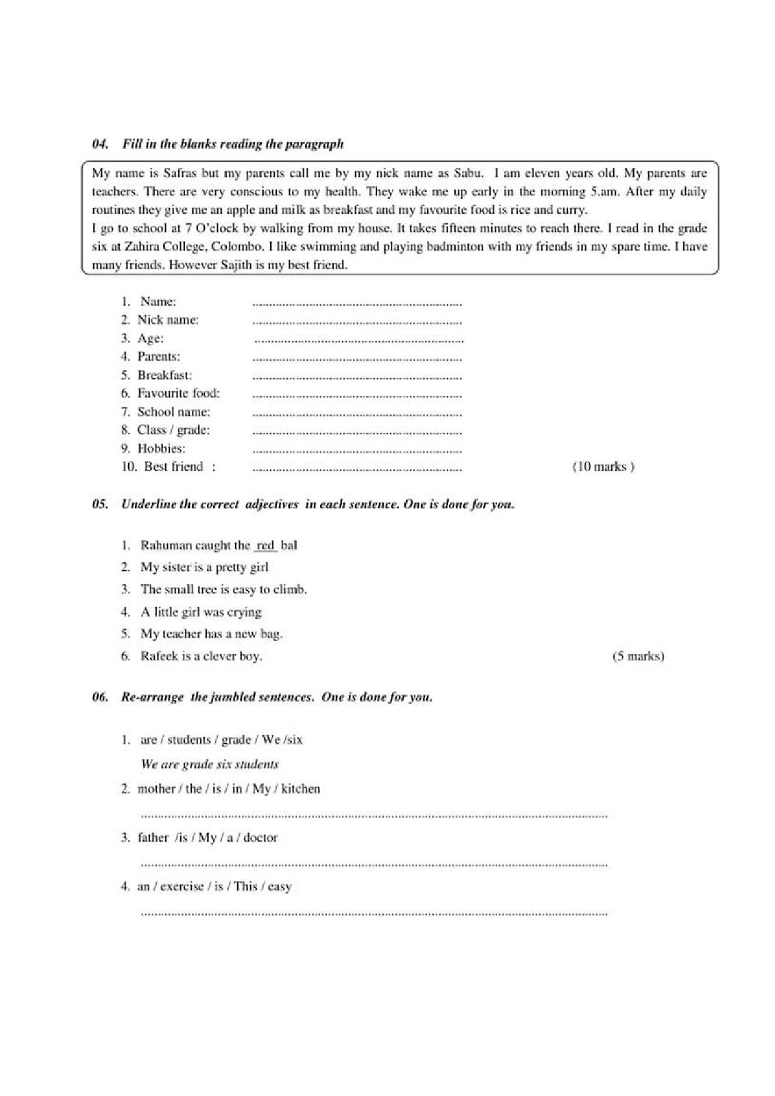 Anuladevi Balika Vidyalaya - Galle: Grade 6 - English model paper