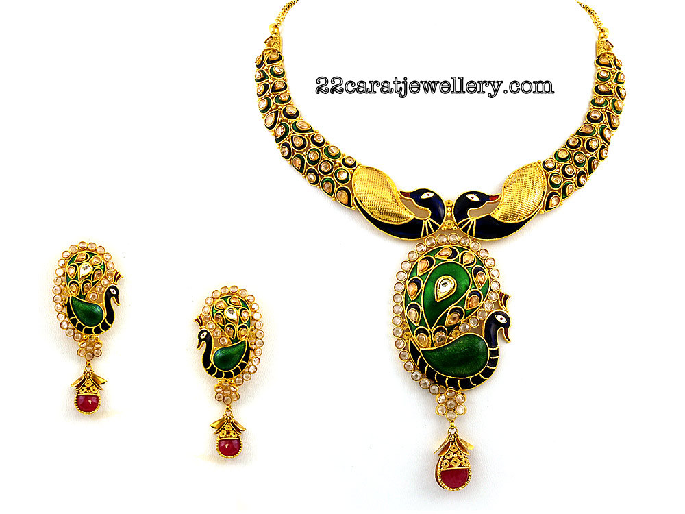 Gold Meenakari Peacock Necklace Sets - Jewellery Designs