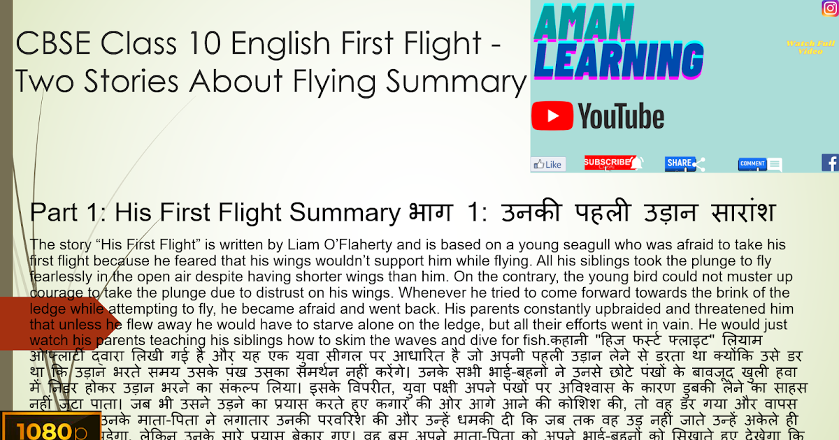 CBSE Class 10 English First Flight - Two Stories About Flying Summary
