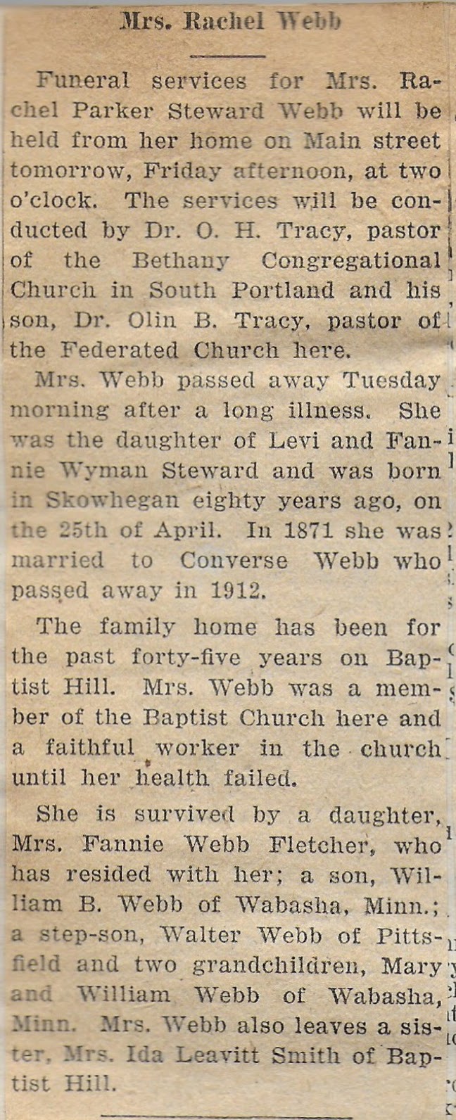 Heirlooms Reunited: 1930 Obituary of Mrs. Rachel Parker (Steward) Webb ... Heirlooms Reunited: 1930 Obituary of Mrs. Rachel Parker (Steward) Webb ...