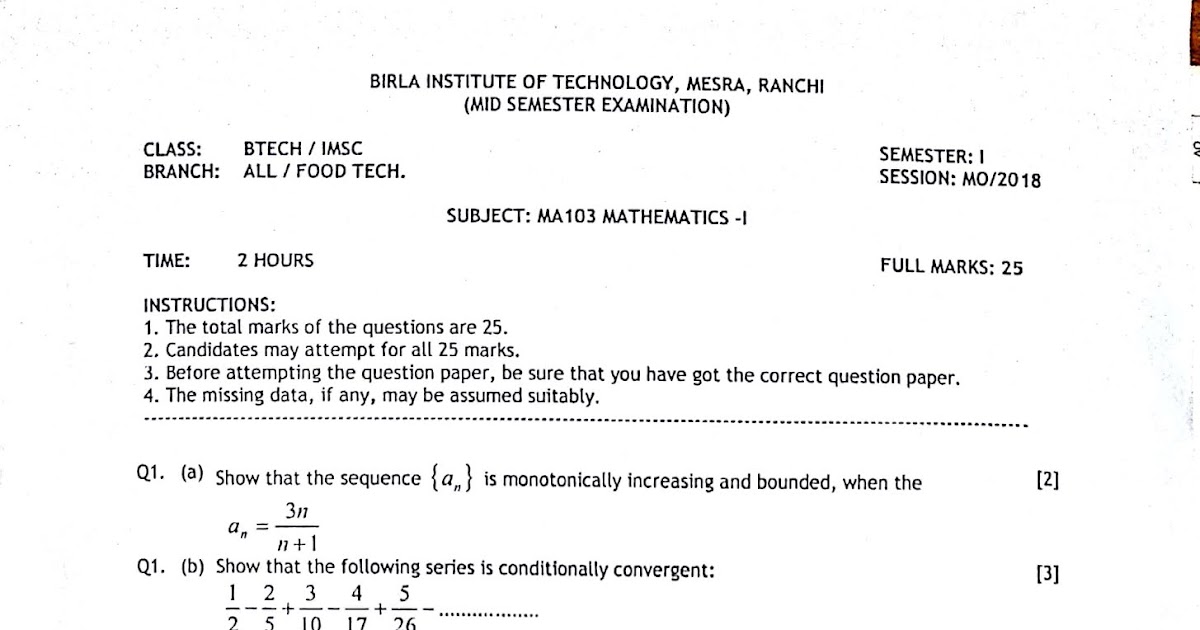 MA103 Mathematics I first year bit mesra question paper