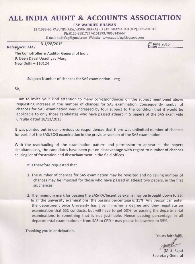 All India Audit & Accounts Association: LETTERS TO CAG ON SAS EXAMINATION