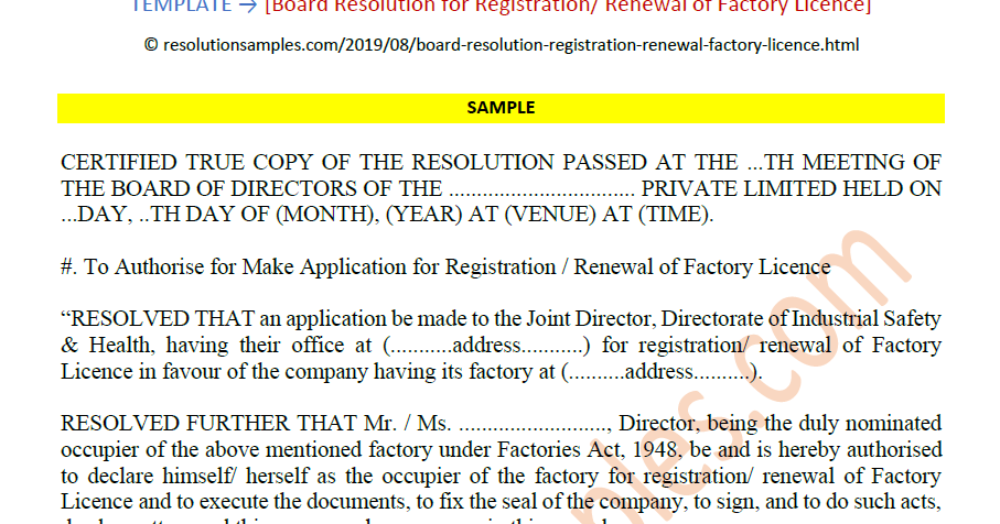 Board Resolution for Registration or Renewal of Factory Licence