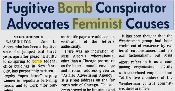 The Chronicle of Cultural Misandry: Feminist Terrorist Jane Alpert ...