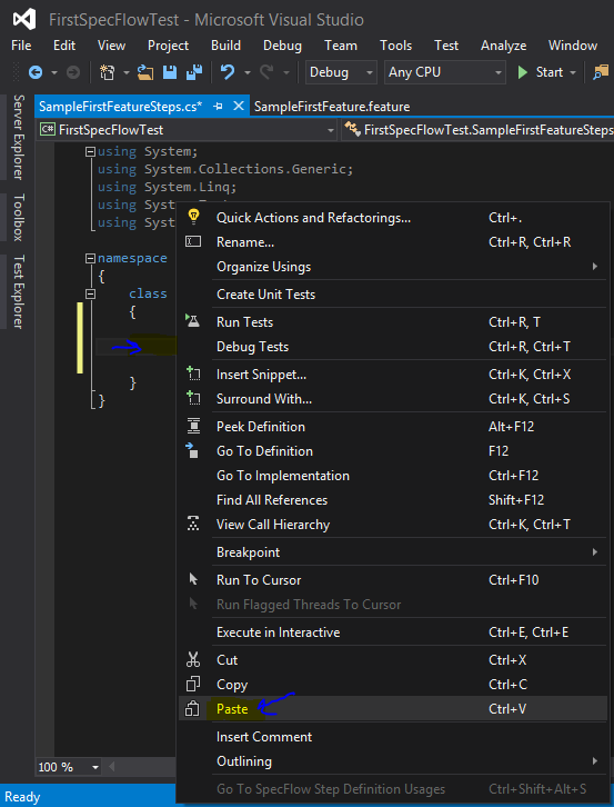 C# Visual Studio - SpecFlow Step Definition file | Automation Home