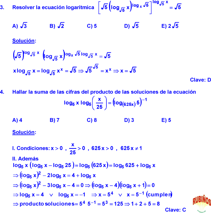 ECUACIONES LOGARITMICAS PROBLEMAS RESUELTOS