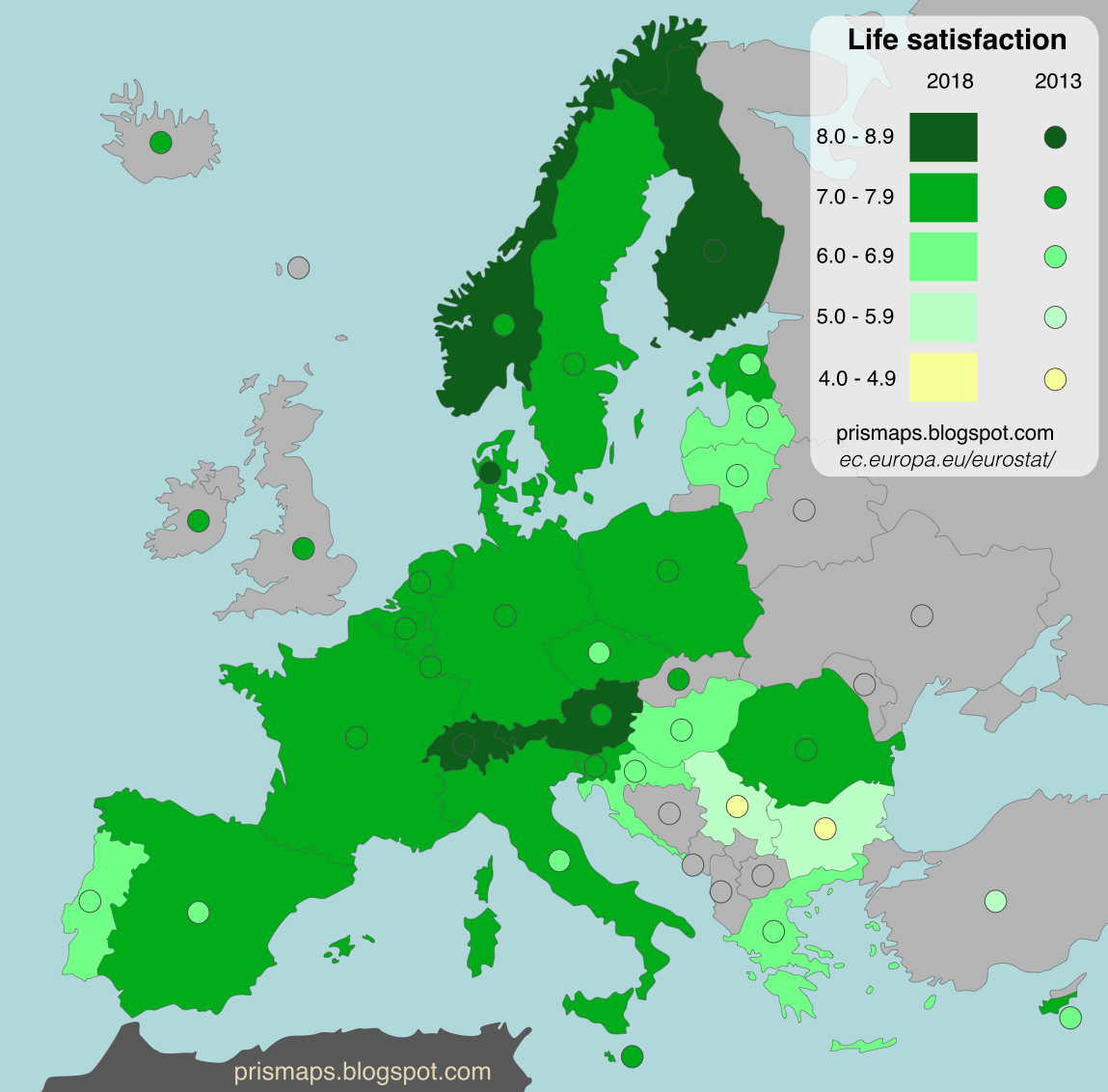 Prismaps - Maps of Europe: Overall life satisfaction in EU+