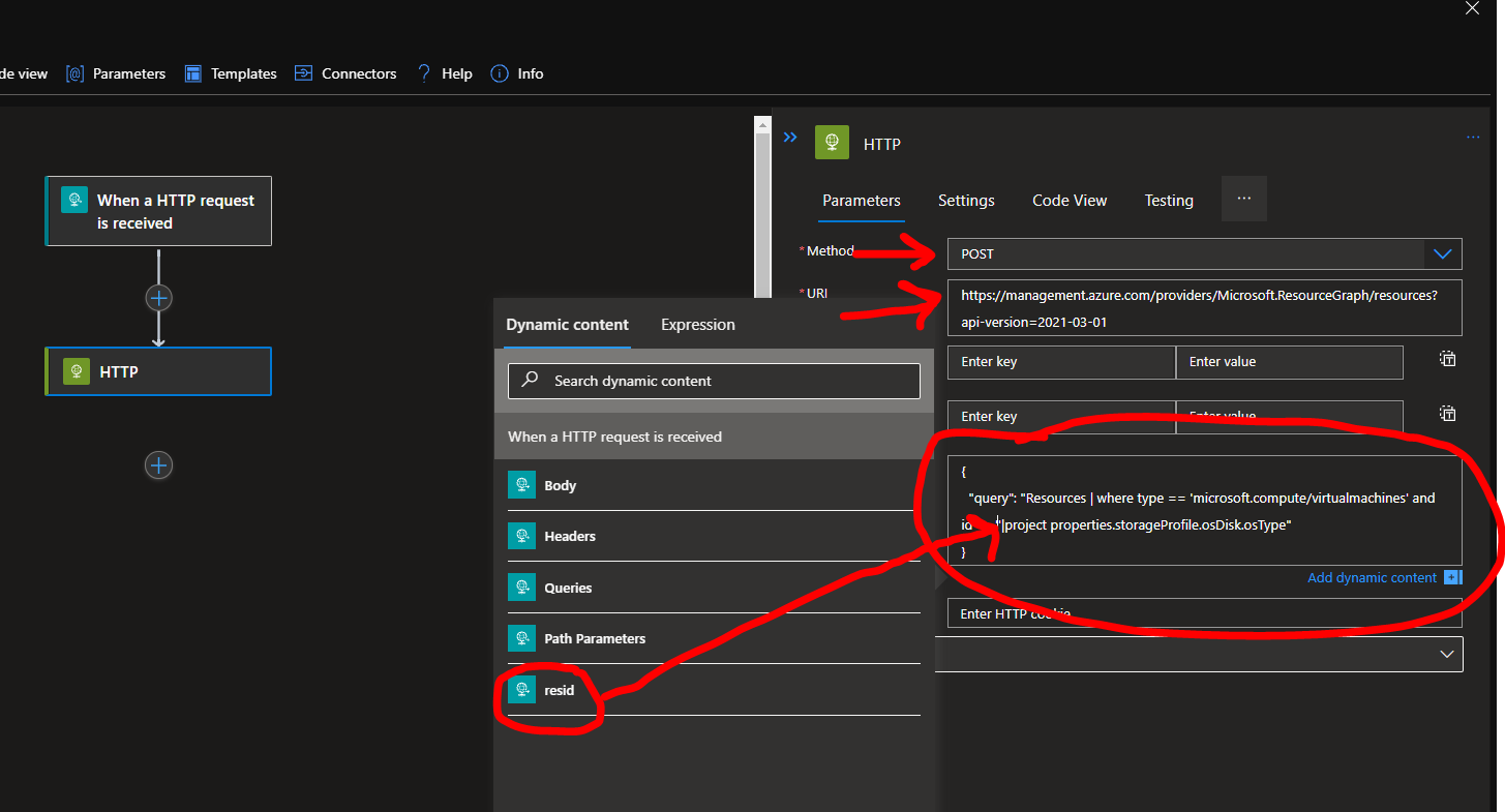 The logic app and the resource graph query