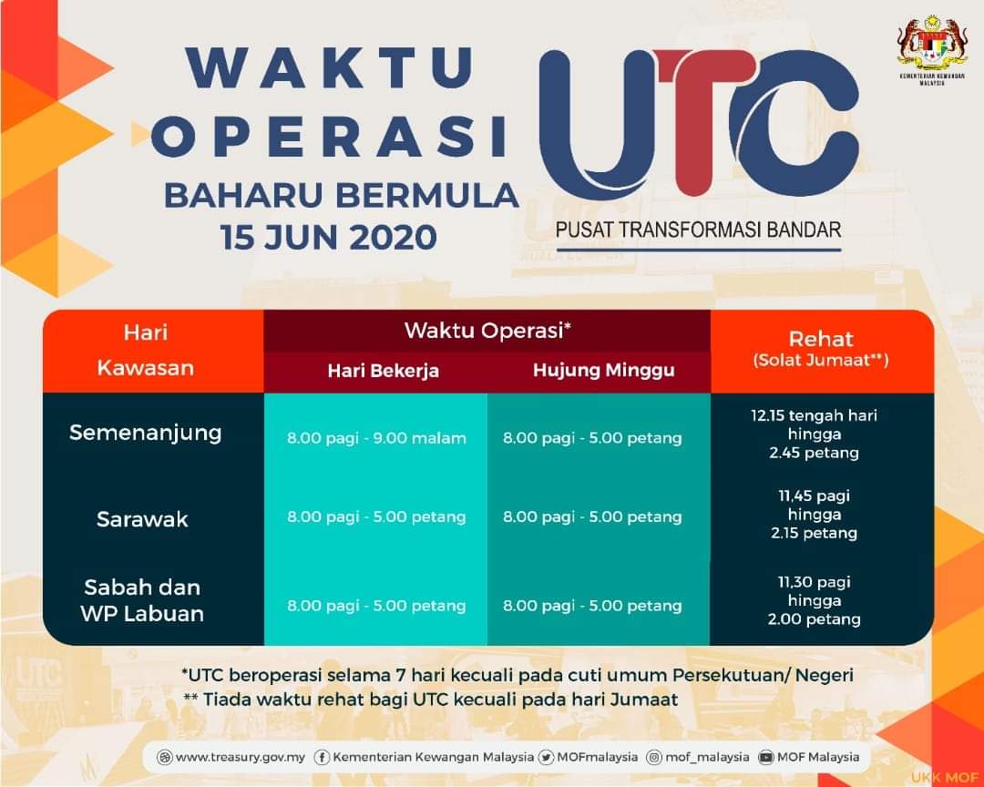 Waktu Operasi Baharu UTC seluruh Malaysia mulai 15 Jun 2020