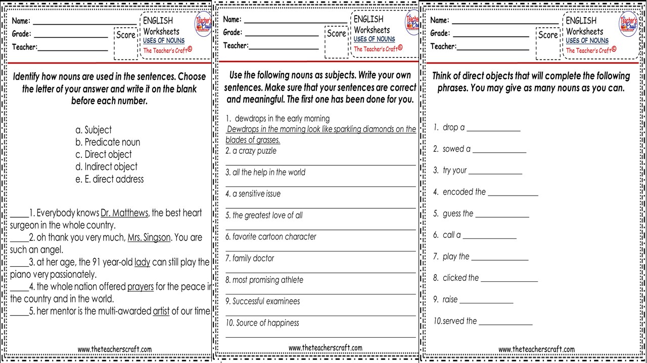 ENGLISH 6 WORKSHEETS - USES OF NOUN - The Teacher's Craft