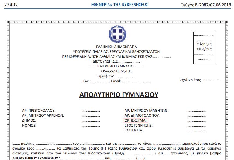 ΘΡΗΣΚΕΥΤΙΚΑ: Παραμένει το Θρήσκευμα στους Τίτλους Γυμνασίου και Λυκείου