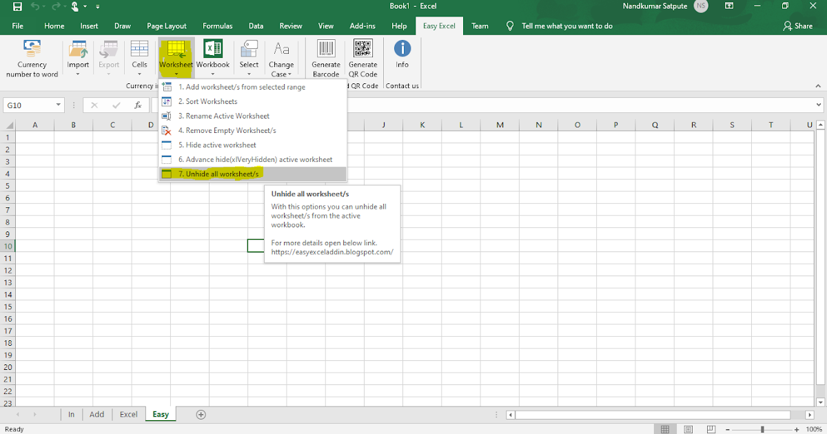 EasyExcel - Unhide all worksheets