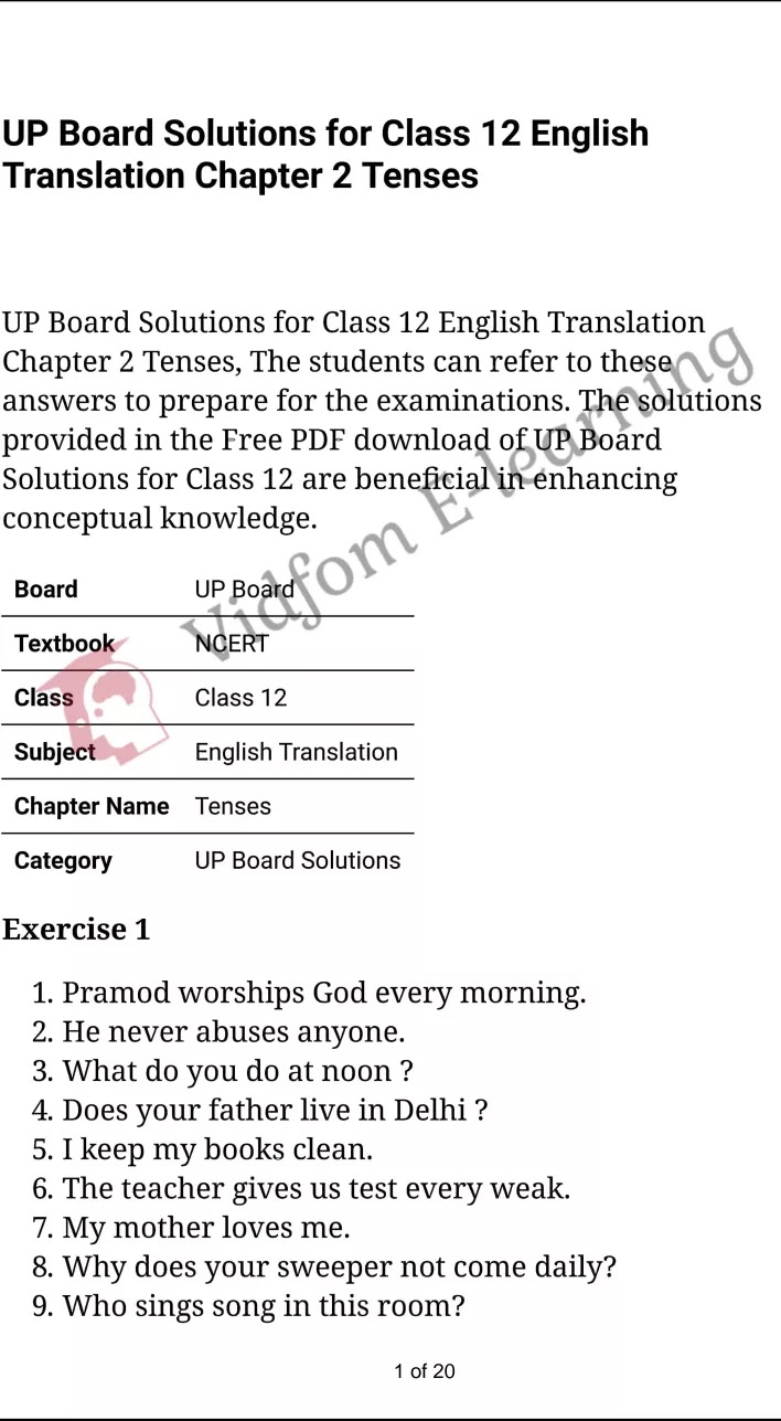 NCERT Solutions for Class 12 English Translation Chapter 2 Tenses Light ...