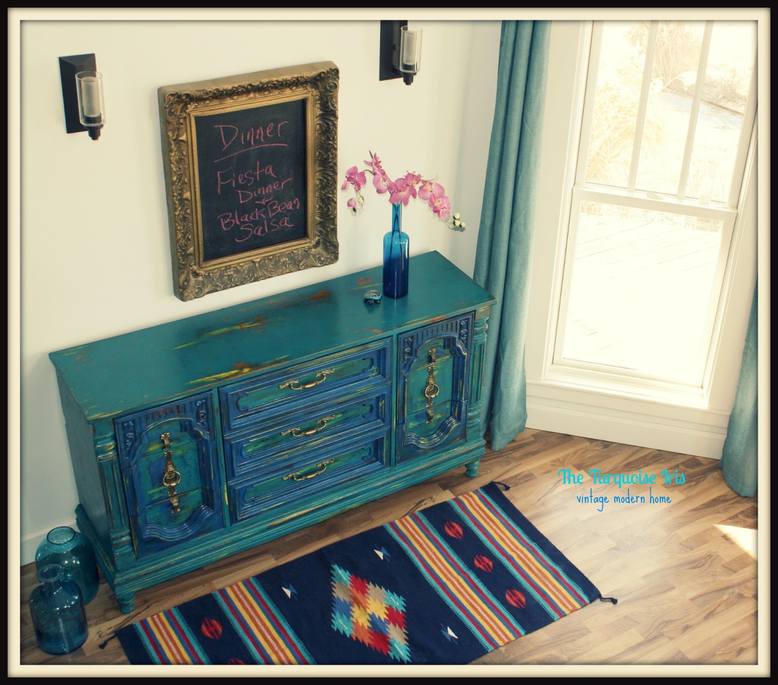 Teal and Cobalt Blue Distressed Dresser/Buffet • The Turquoise Iris