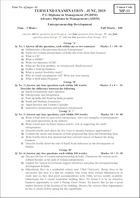OSPU MP Entrepreneurship Development June 2019 Question Paper ...