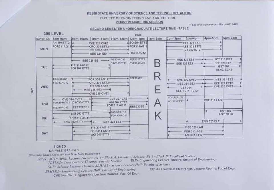 KSUSTA Lecture Time-Table 2nd Semester 2018/2019 | Undergraduate